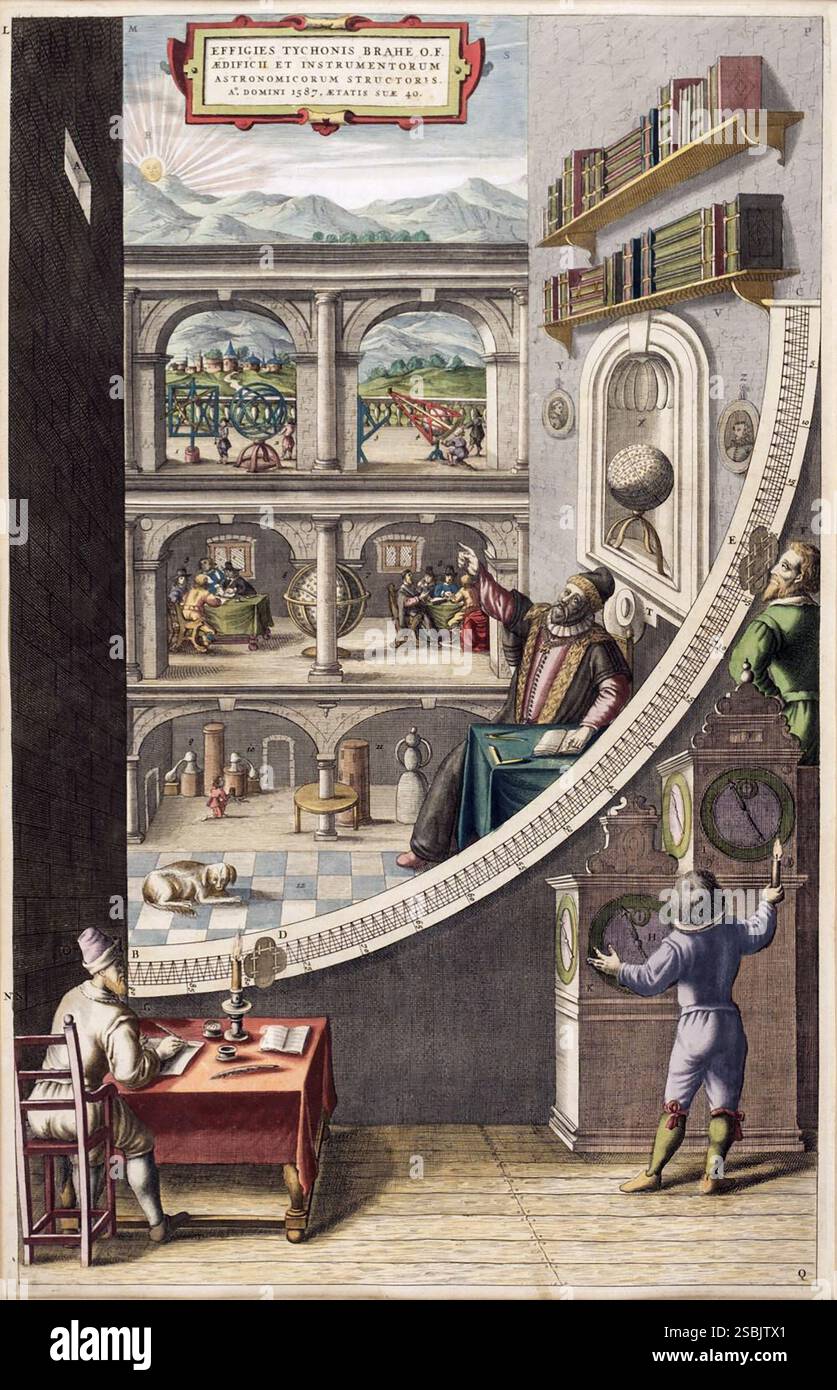 Danish astronomer Tycho Brahe (1546-1601) and his mural quadrant in ...