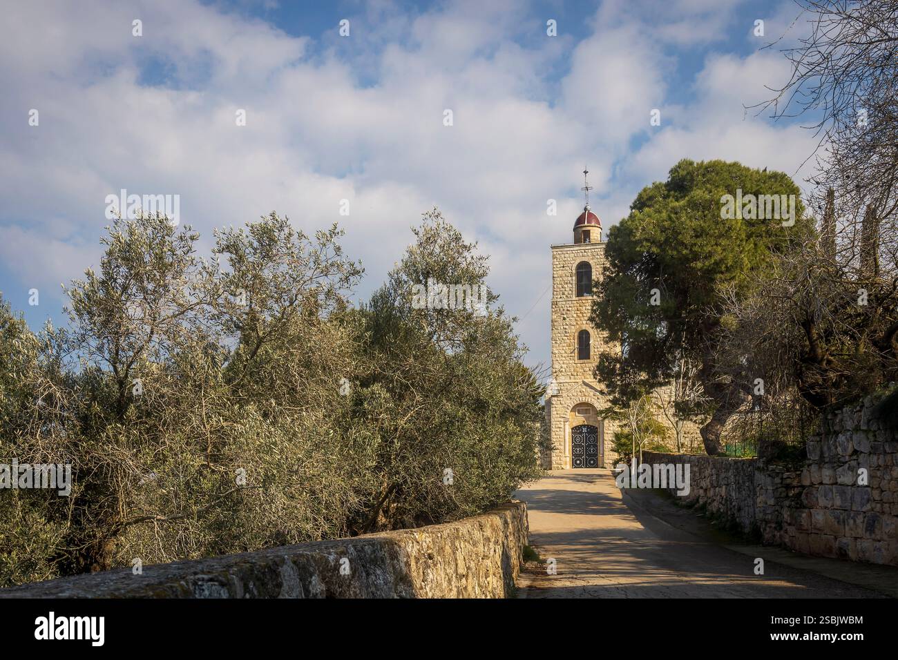 Mount Tabor, Israel – February 3, 2025: The road to the Greek Orthodox Women's Monastery of the ...