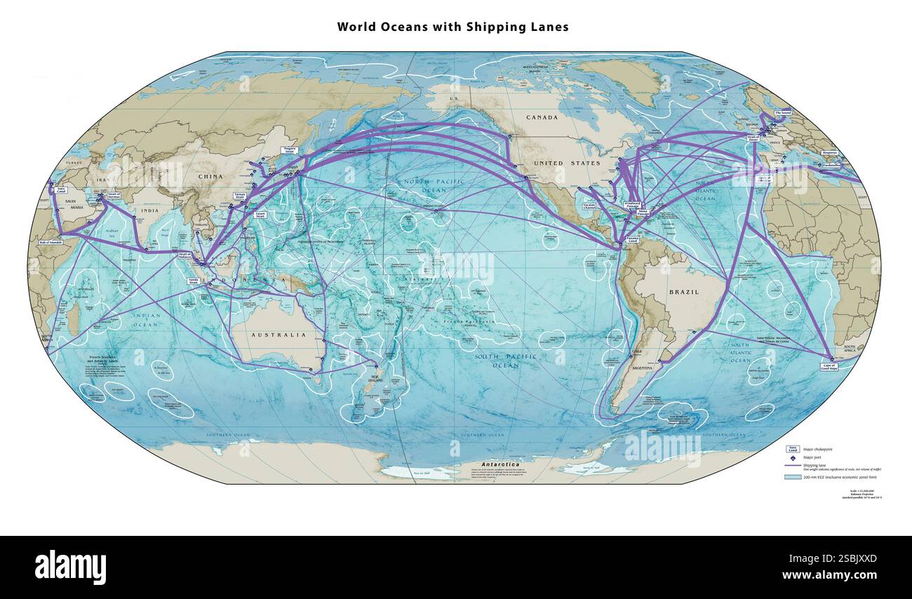 A map of the world's oceans with shipping lanes marked in purple Stock ...