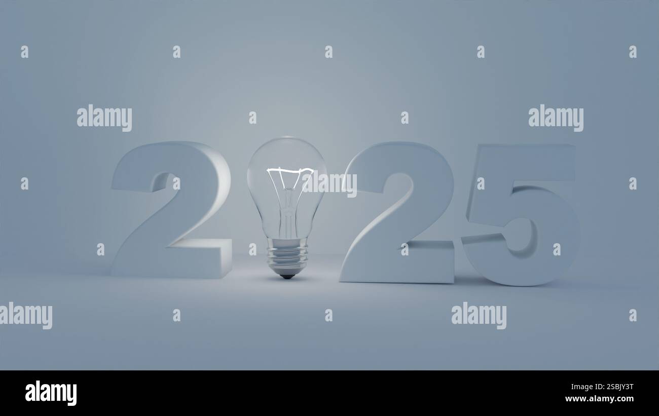 3D model of an incandescent light bulb and the year 2025 where instead ...