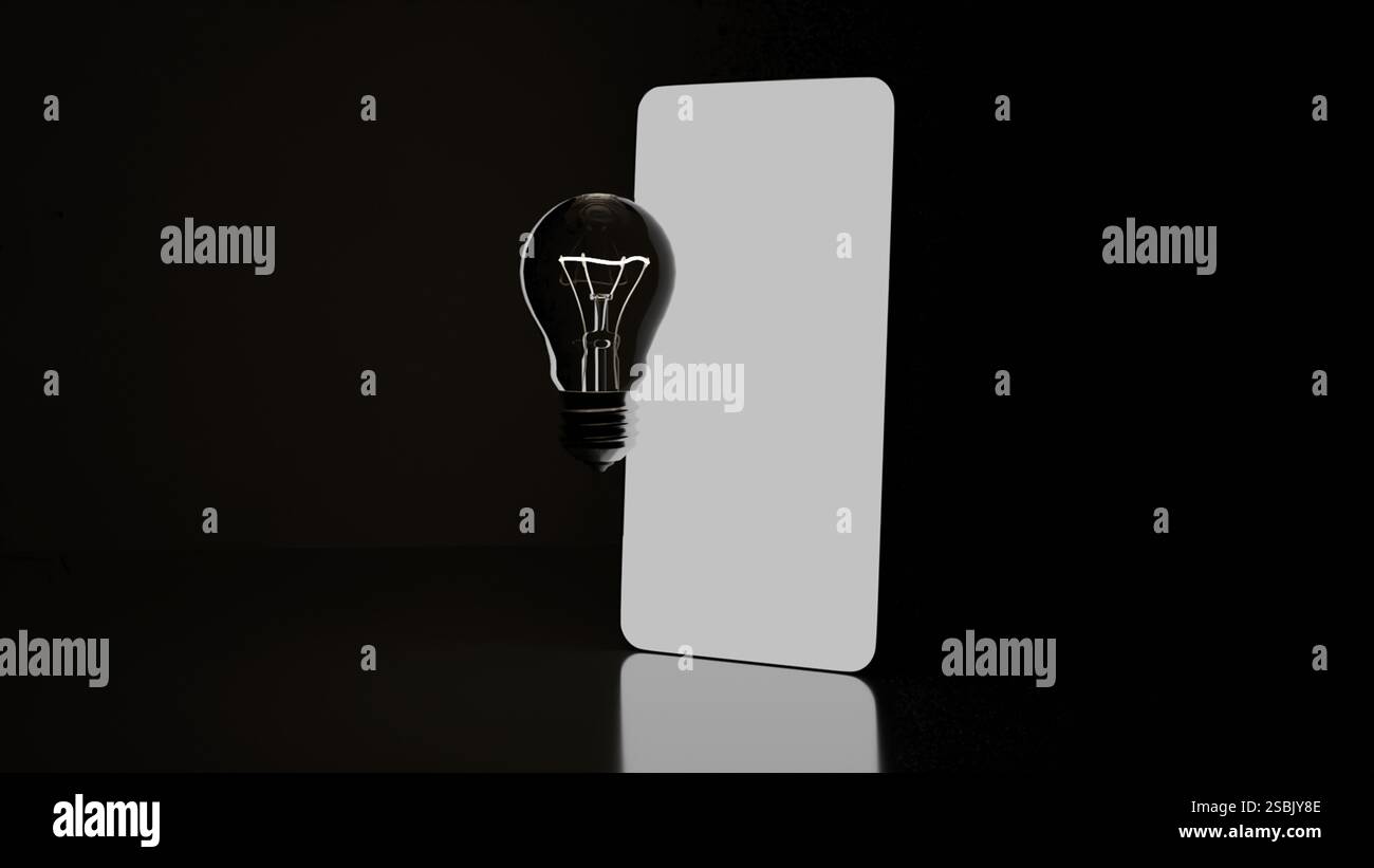 3D model of incandescent light bulb and mobile phone on black ...
