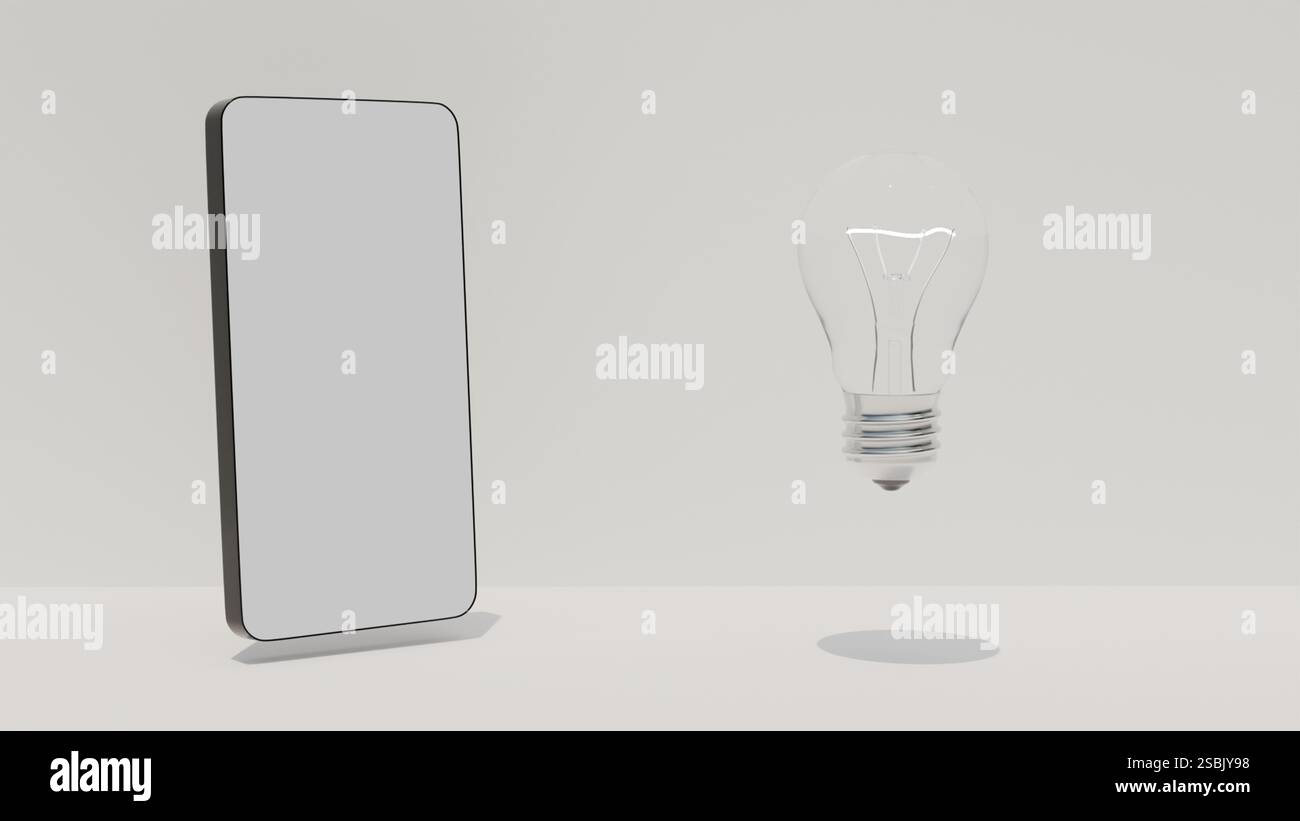 3D model of incandescent light bulb and mobile phone on white ...