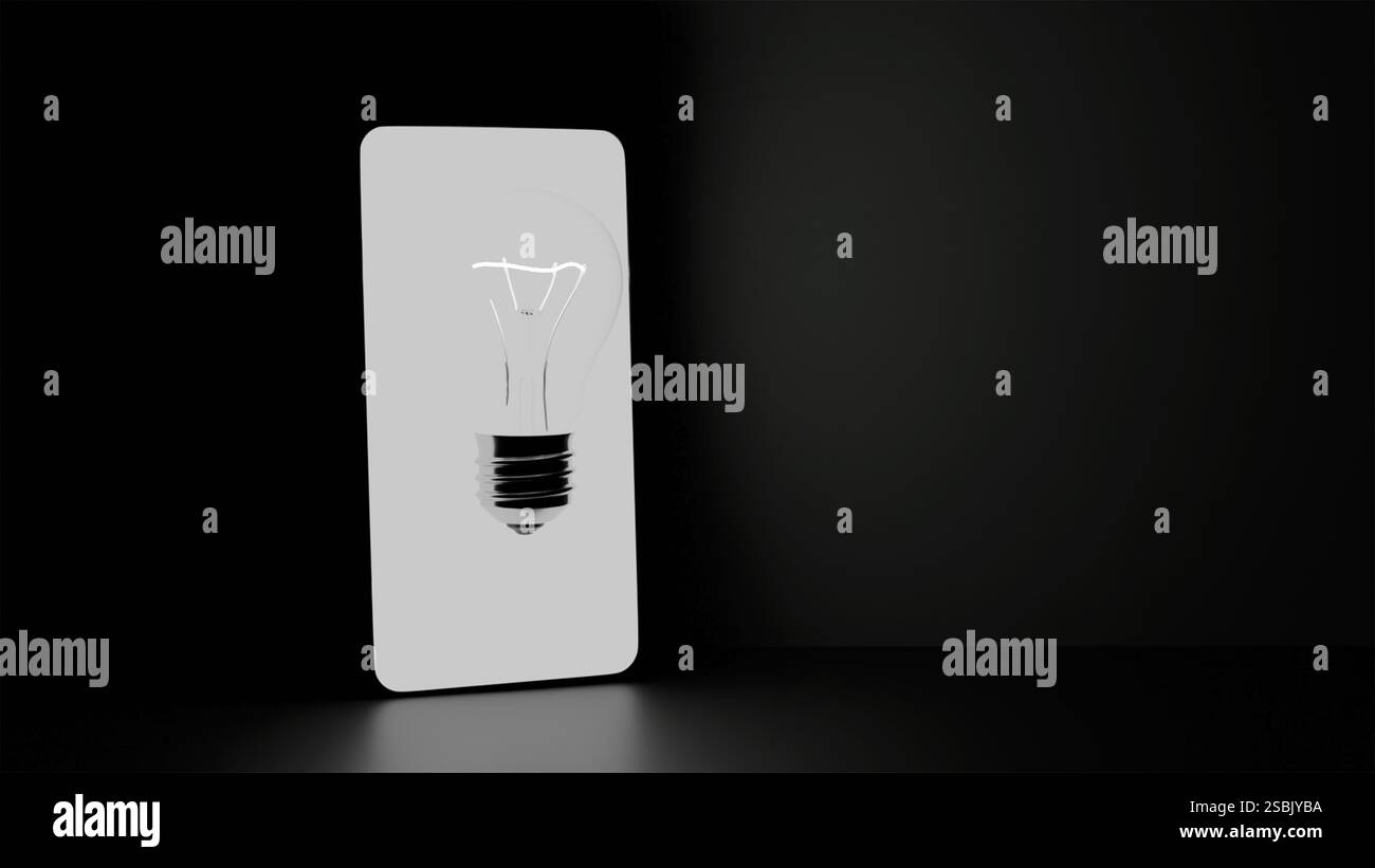 3D model of incandescent light bulb and mobile phone on black ...