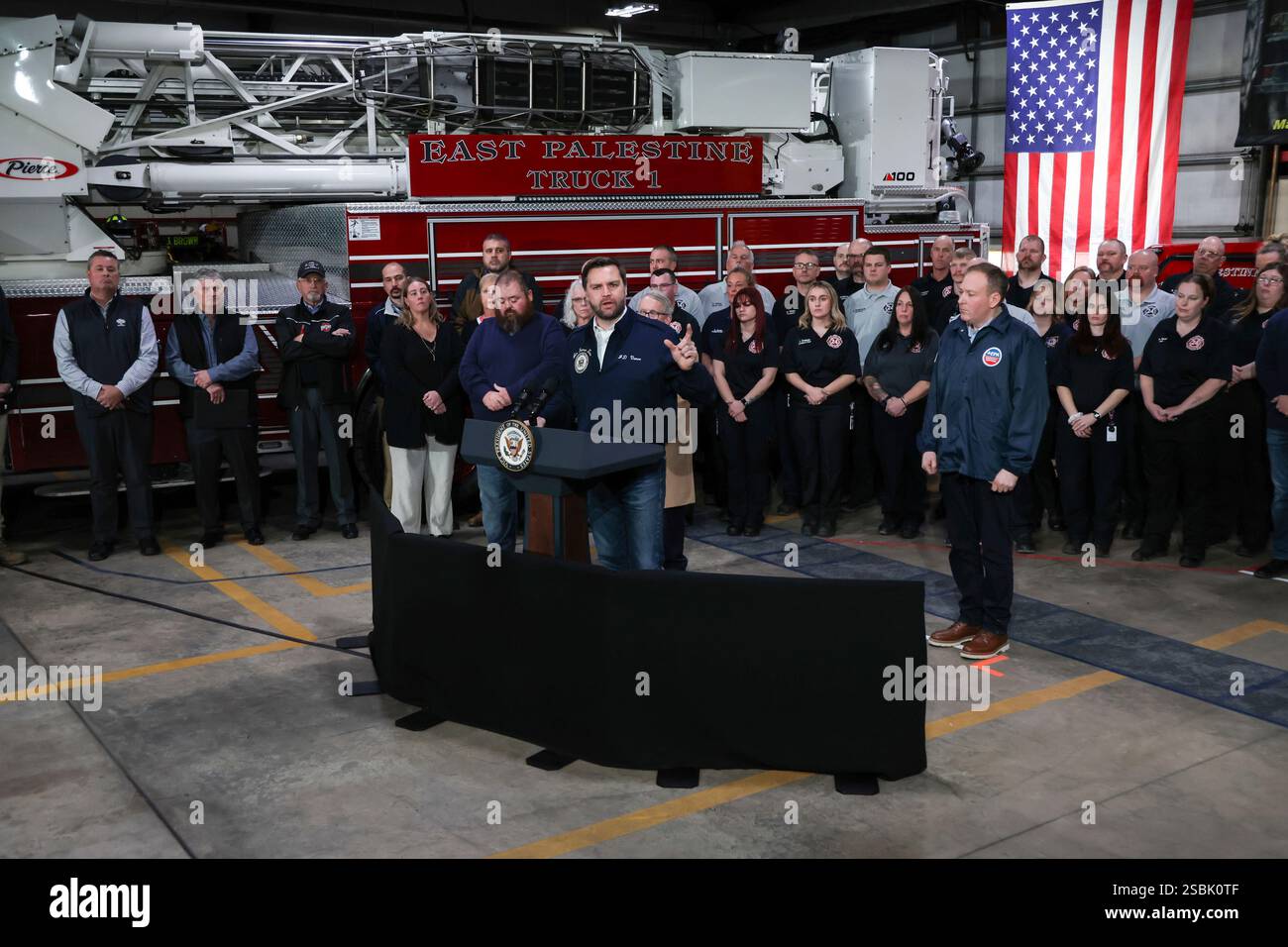 Vice President JD Vance speaks at the East Palestine Fire Department as ...