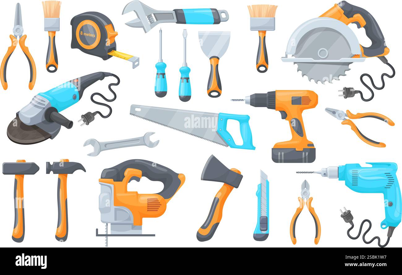 Cartoon construction tools. Building repair work hand tool and hardware ...