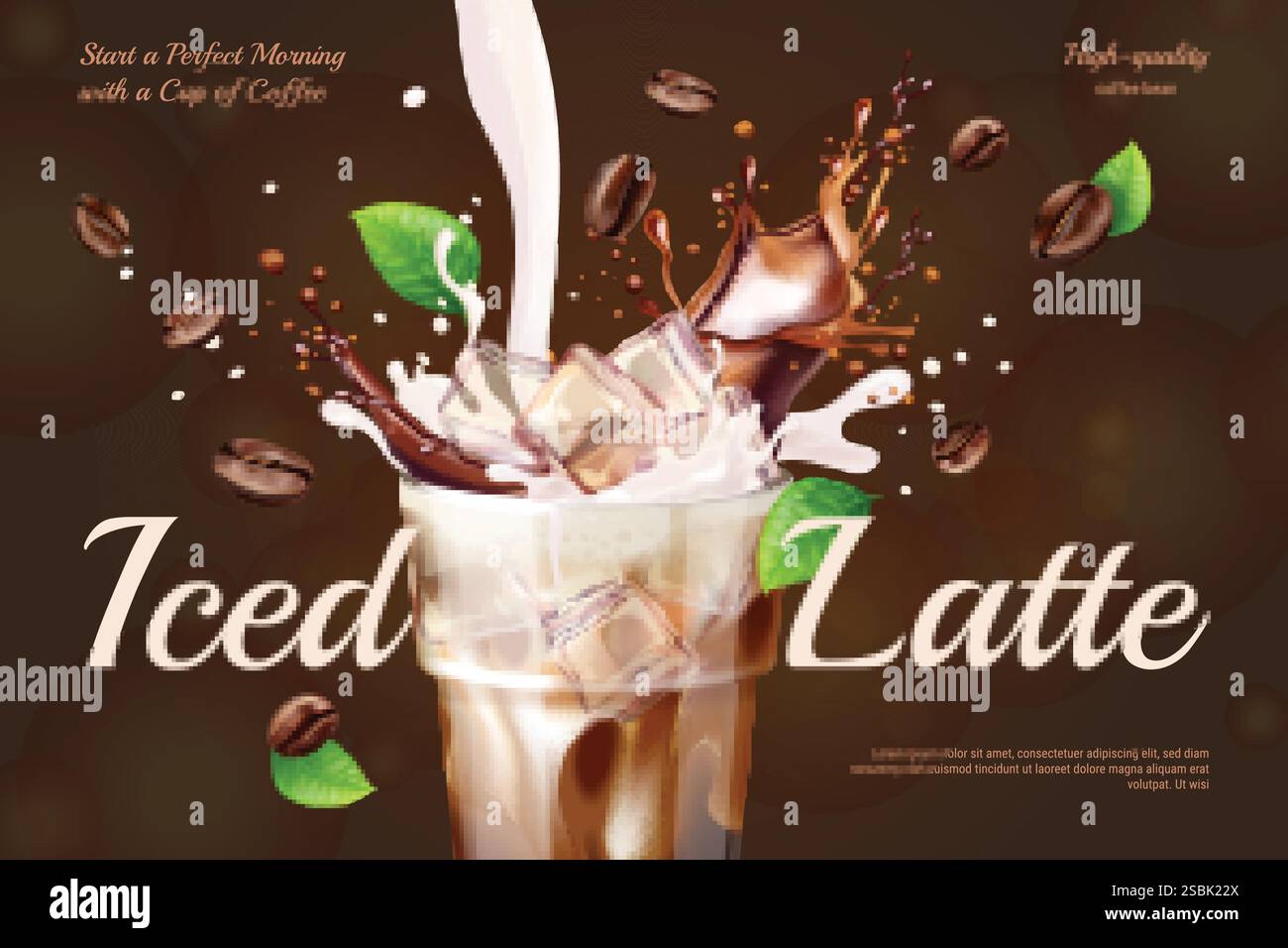 Ice coffee banner. Iced latte espresso advertising poster, frozen coffe ...