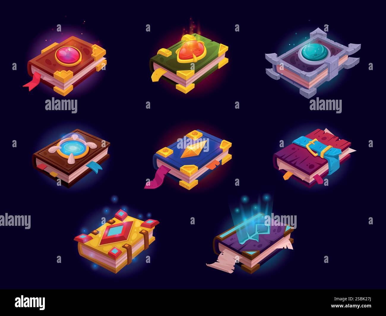 Game alchemy books. Cartoon magic spell book, wizard study handbook ...