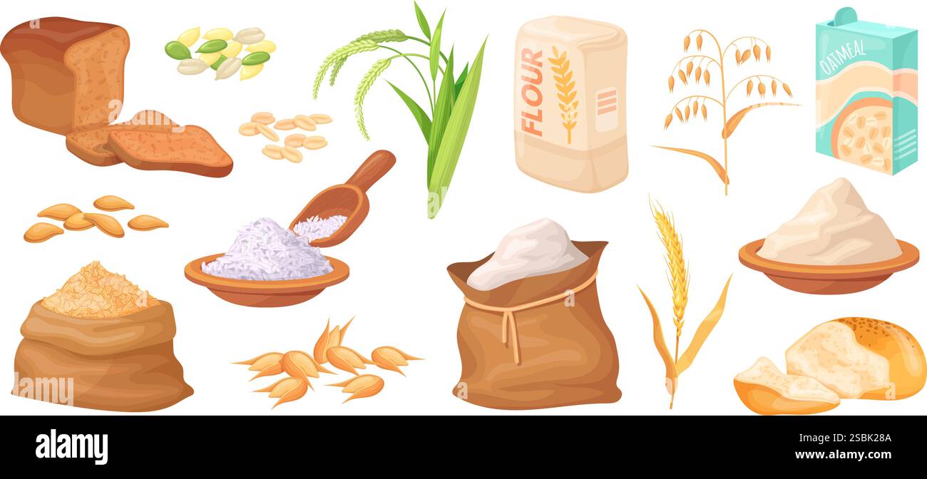 Cartoon cereal products. Flour rice or wheat grains for bread bakery ...