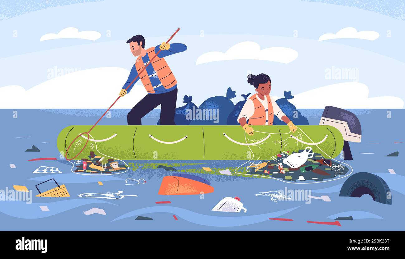 Sea boat collect garbage. Volunteer people clean ocean water ...