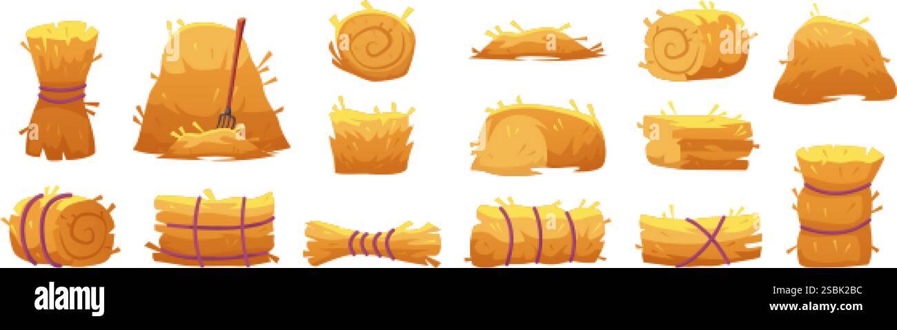 Cartoon haystacks. Hay of bale, dried straw stack farm wheat baling ...