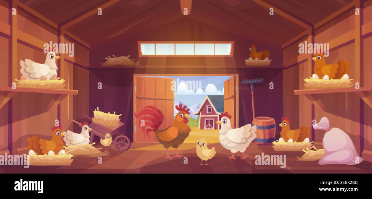 Chicken coop. Cartoon henhouse wooden barn inside interior, poultry ...
