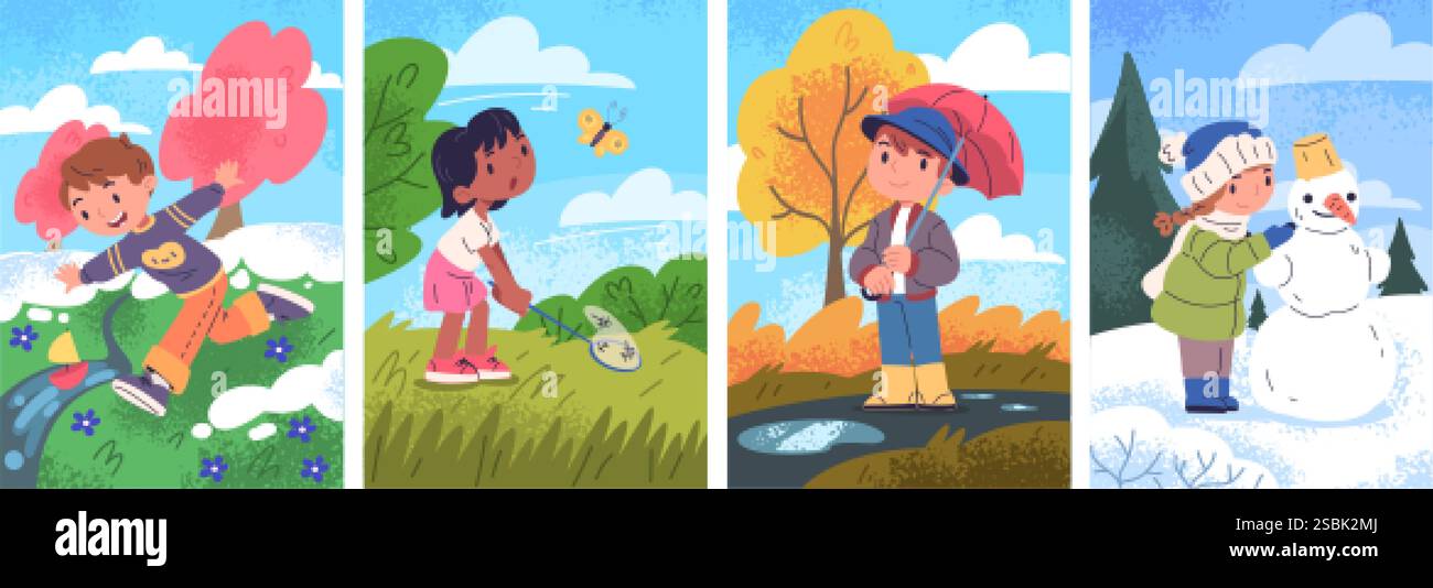 Four seasons children. Cartoon kids seasoned clothes walk activities ...