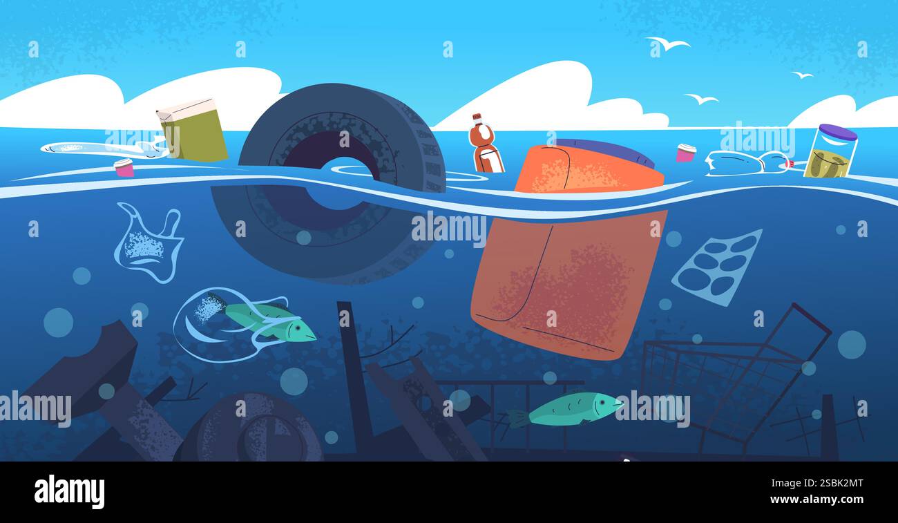 Plastic waste in sea. Floating garbage underwater polluted ocean water ...