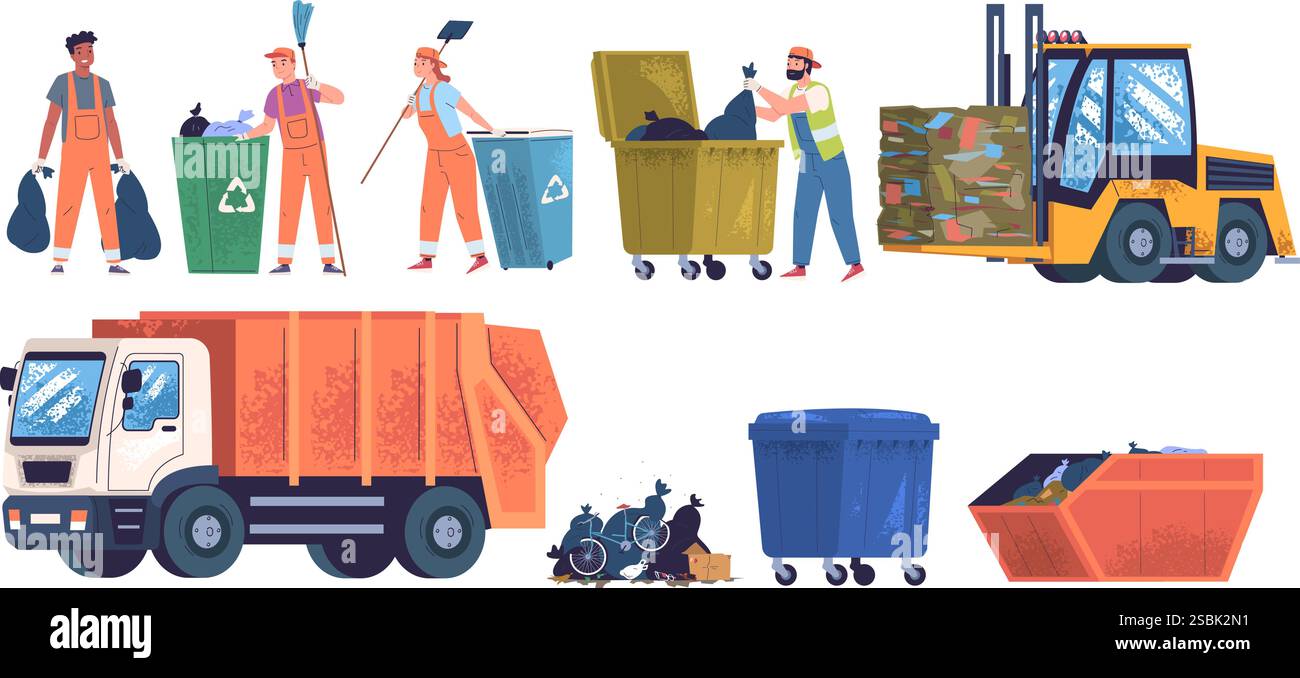 Garbage service workers. Rubbish management workers, janitors city cleaning company dustman ...