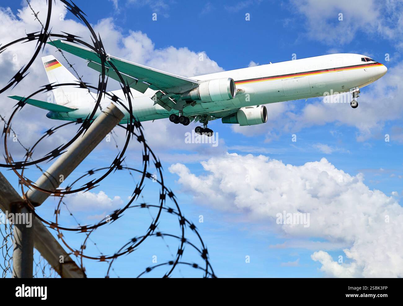 3 February 2025: PHOTOMONTAGE, An airplane with a German flag in front ...