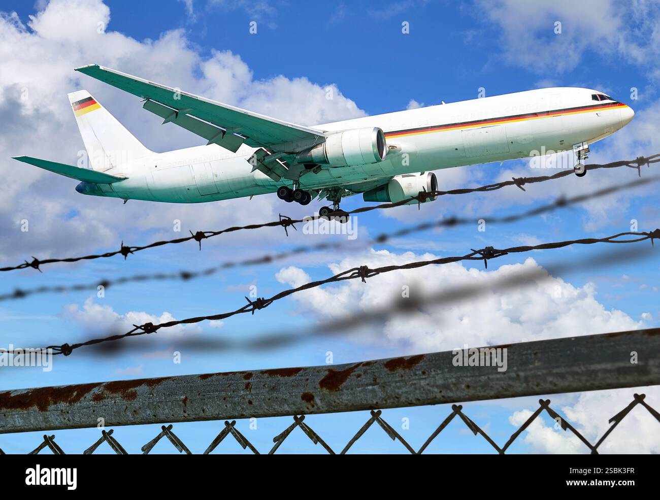 3 February 2025: PHOTOMONTAGE, An airplane with a German flag in front ...