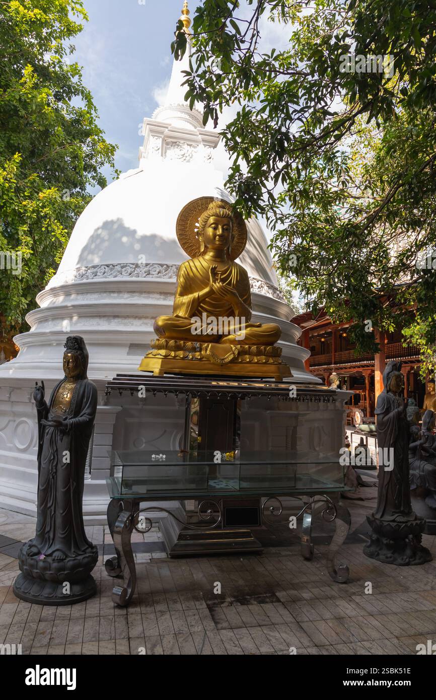 Sitting Buddha, golden statue placed in front of white pagoda of ...