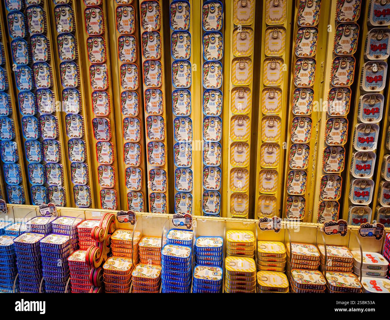 03 02 2025 - Lisbon, Portugal. Canned sardines stacked against the wall ...