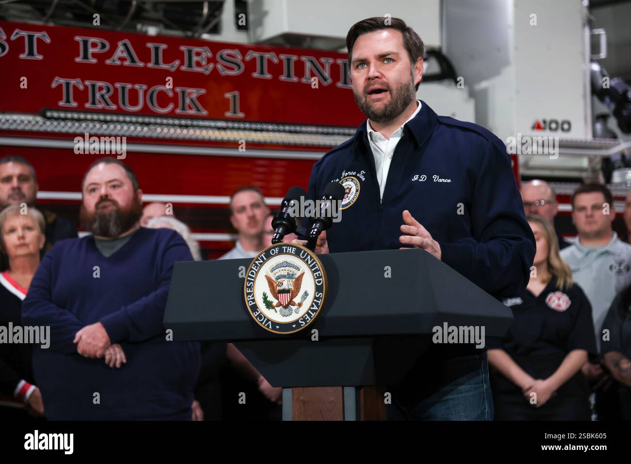 Vice President JD Vance speaks at the East Palestine Fire Department as ...