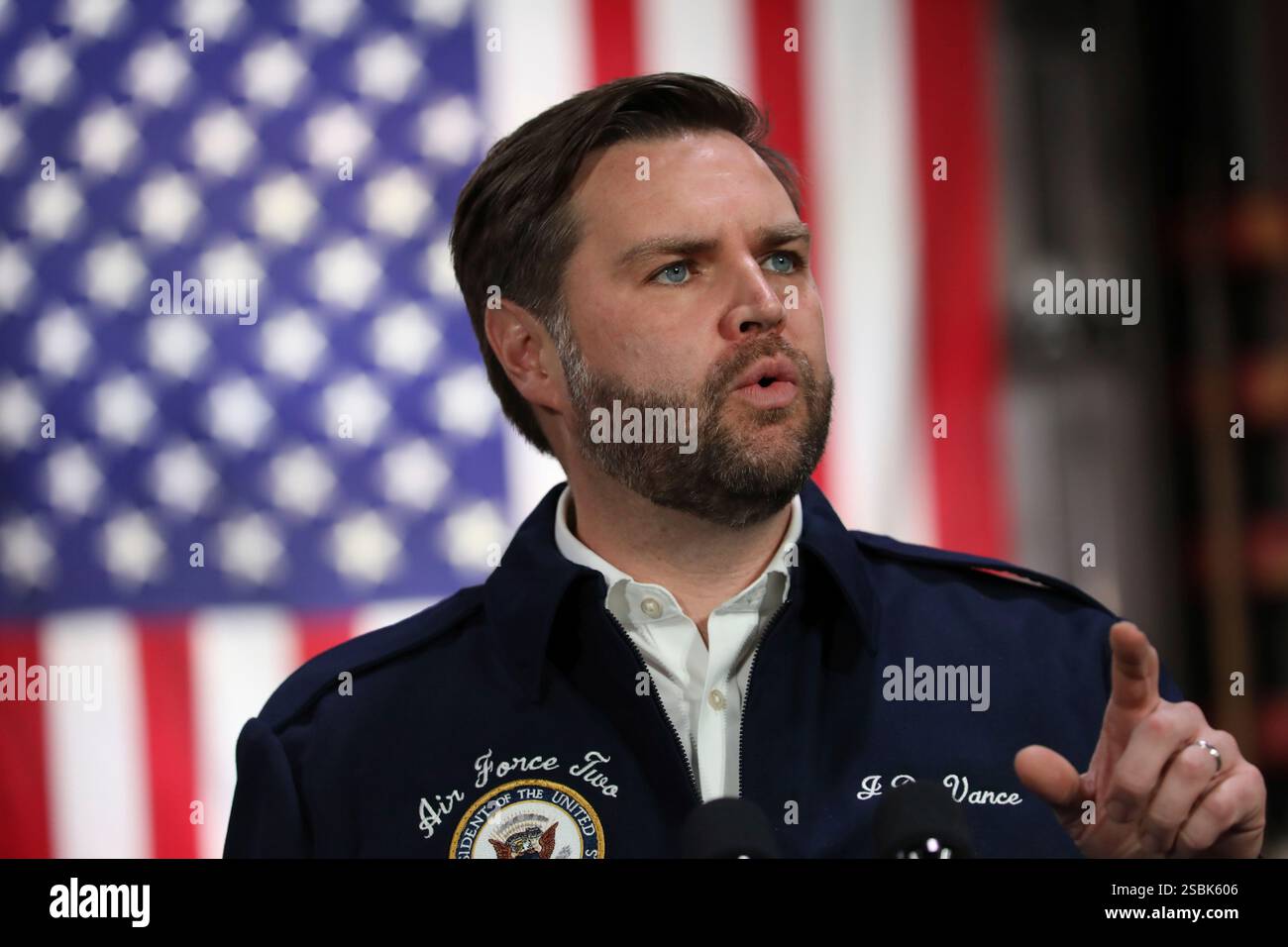 Vice President JD Vance speaks at the East Palestine Fire Department as ...