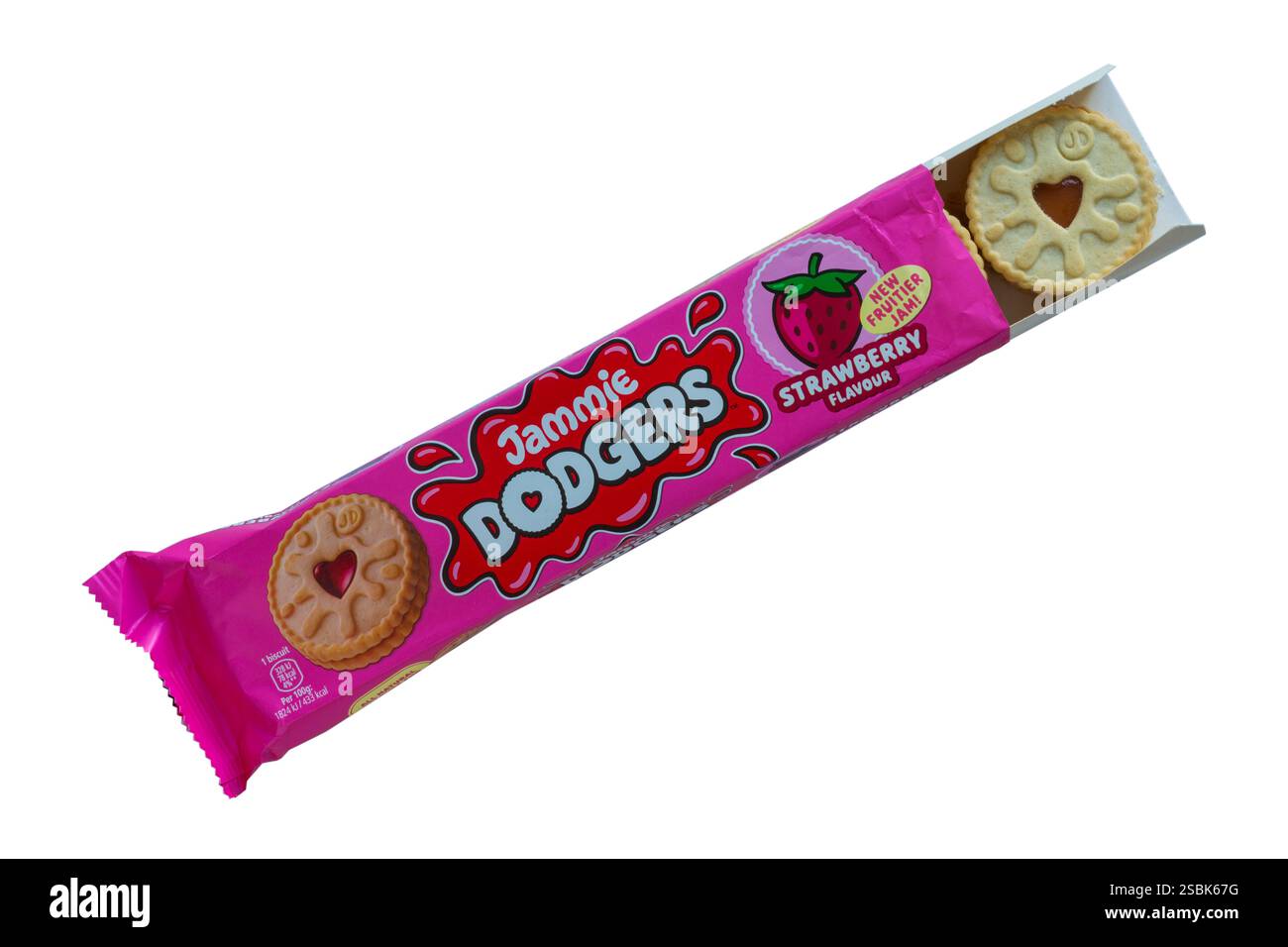 Packet of Strawberry flavour Jammie Dodgers biscuits opened to show ...