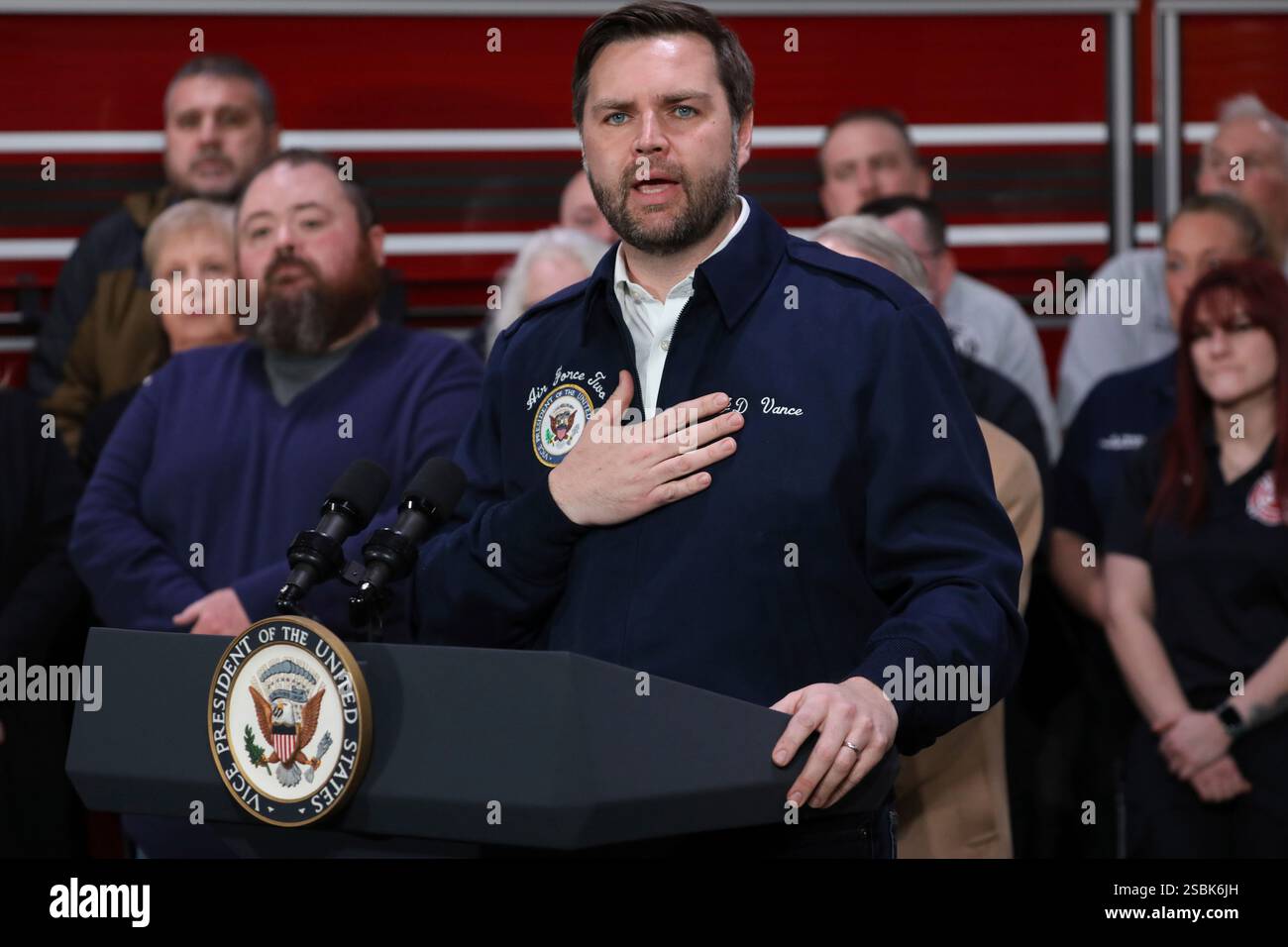 Vice President JD Vance speaks during a visit to East Palestine, Ohio ...