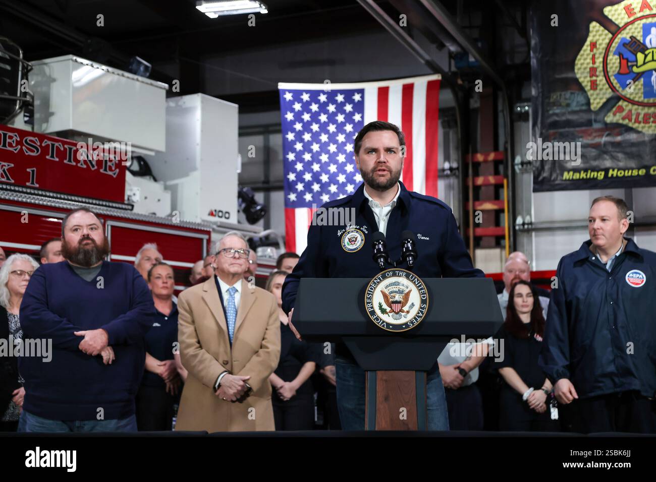 Vice President JD Vance speaks during a visit to East Palestine, Ohio ...