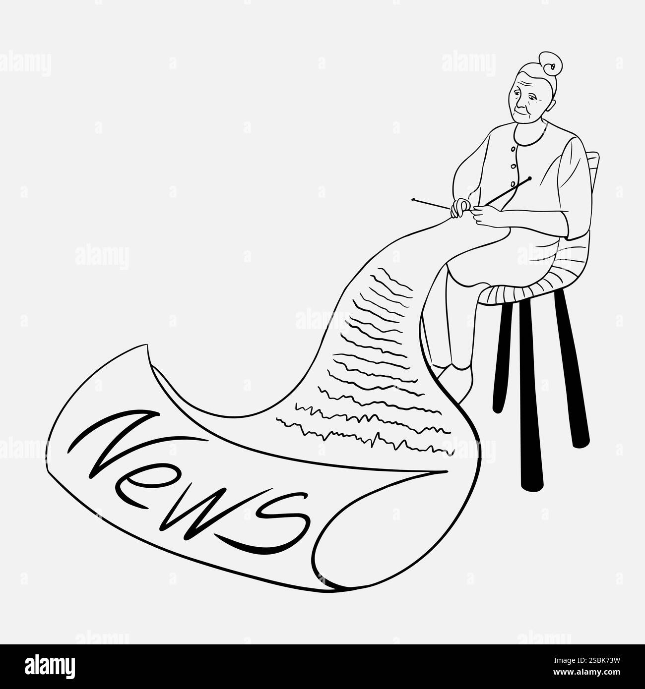 An elderly woman sits on a high chair and knits news. Black and white vector illustration Stock ...