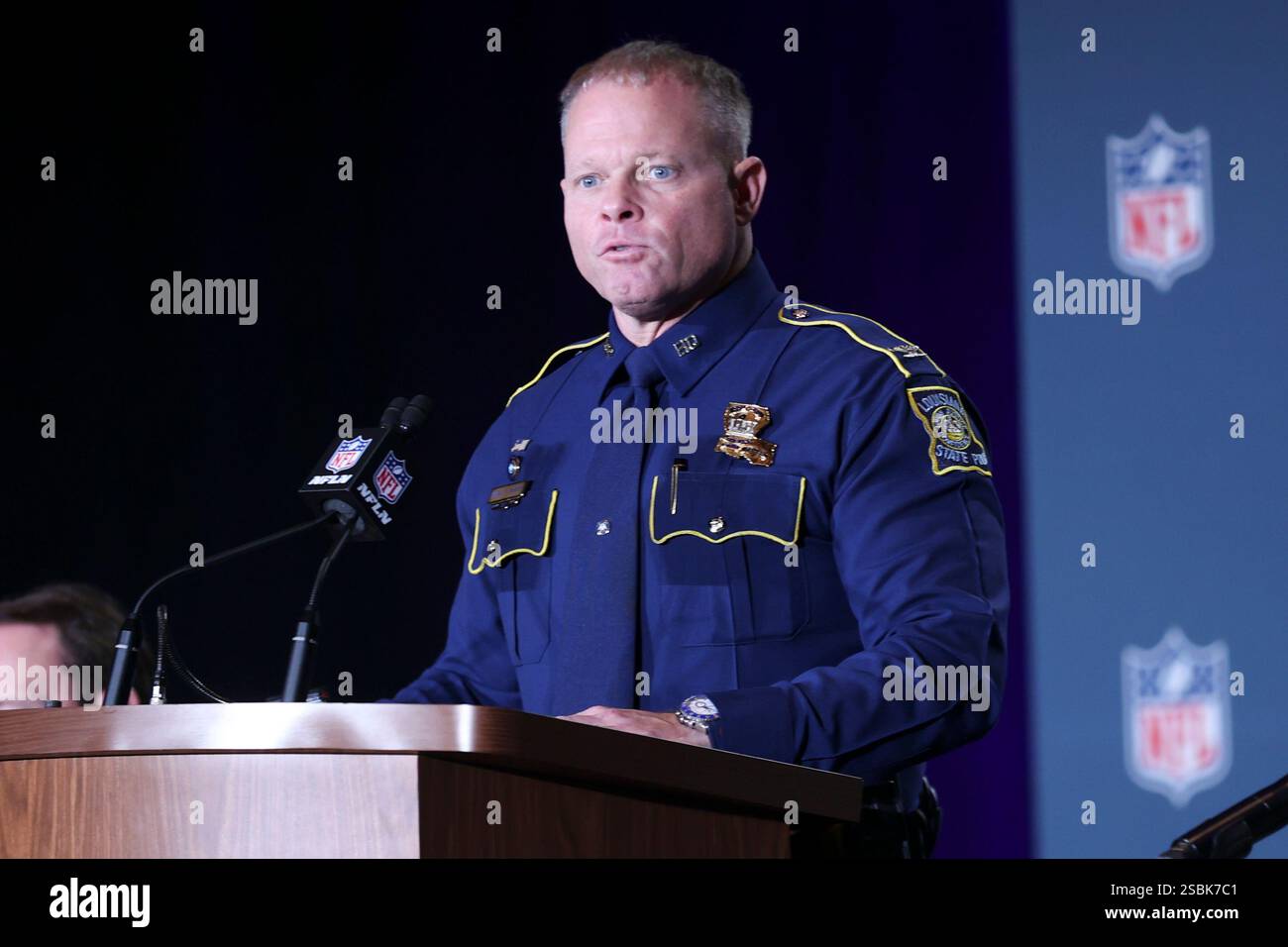 Colonel Robert P. Hughes (Louisiana State Police) speak during the ...