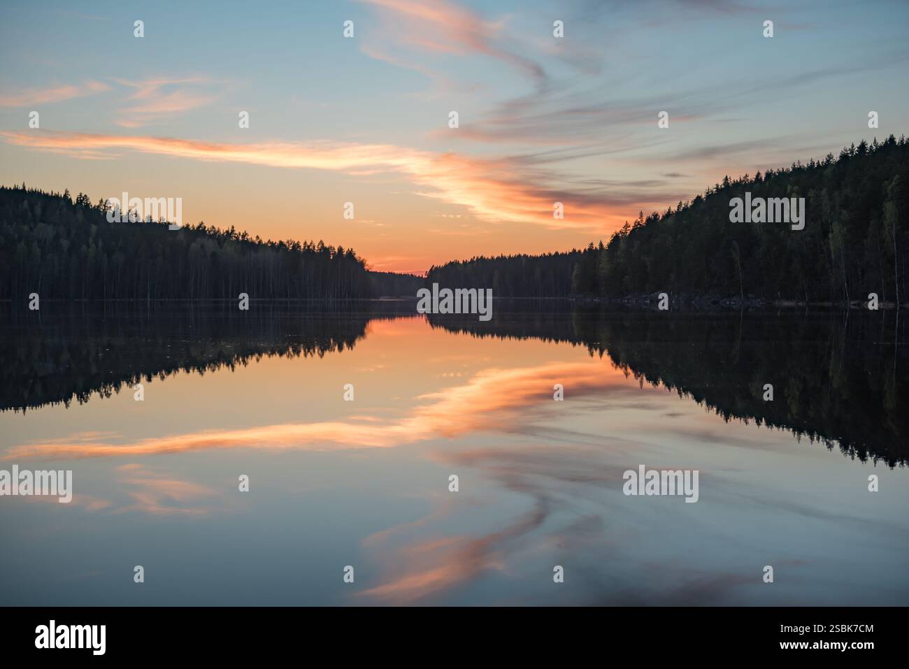 Lake scenery around sunset on a late spring evening in conifer forests ...