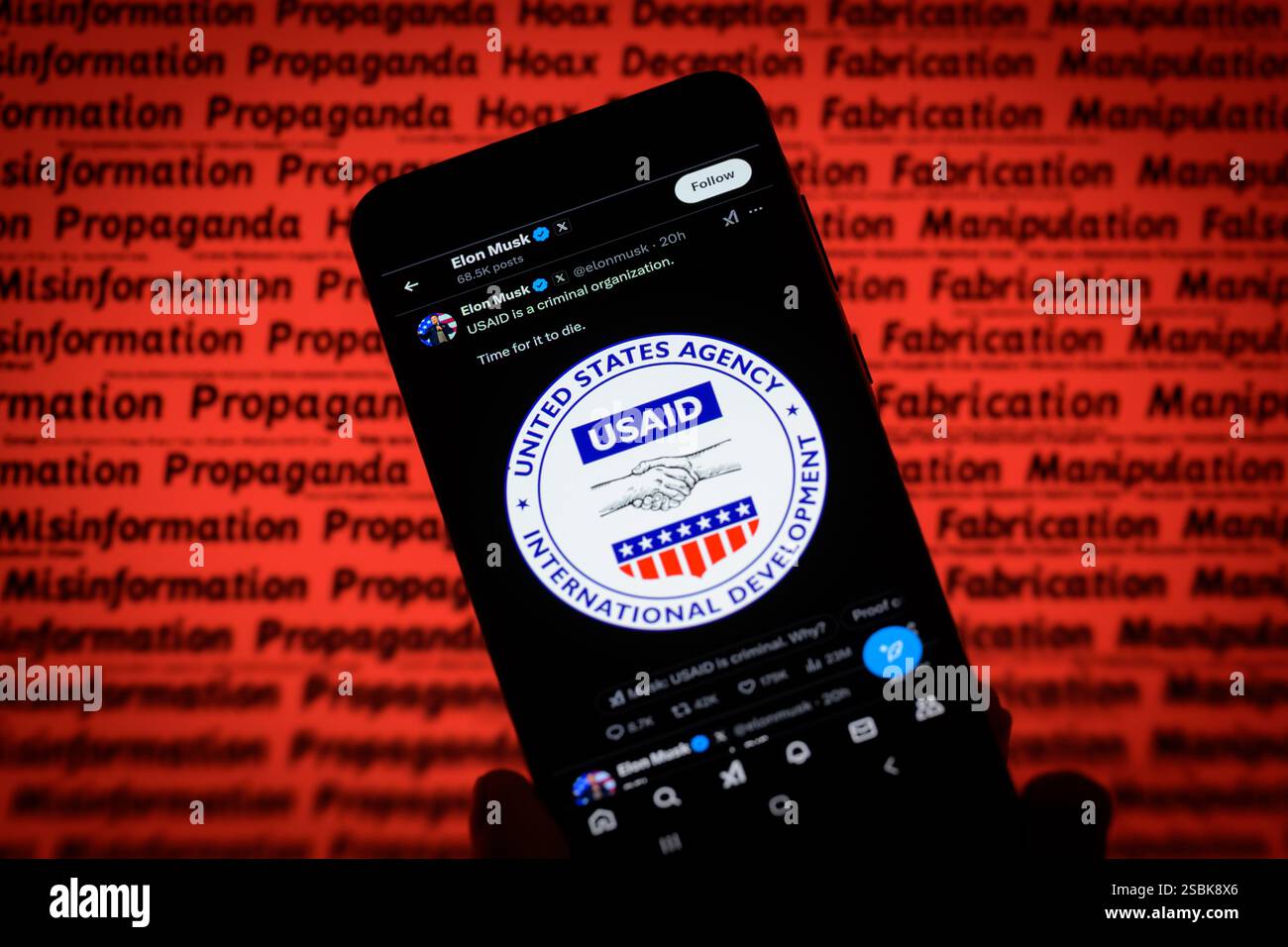 Brussels, Belgium. 03rd Feb, 2025. Elon Musk post is shown on social ...