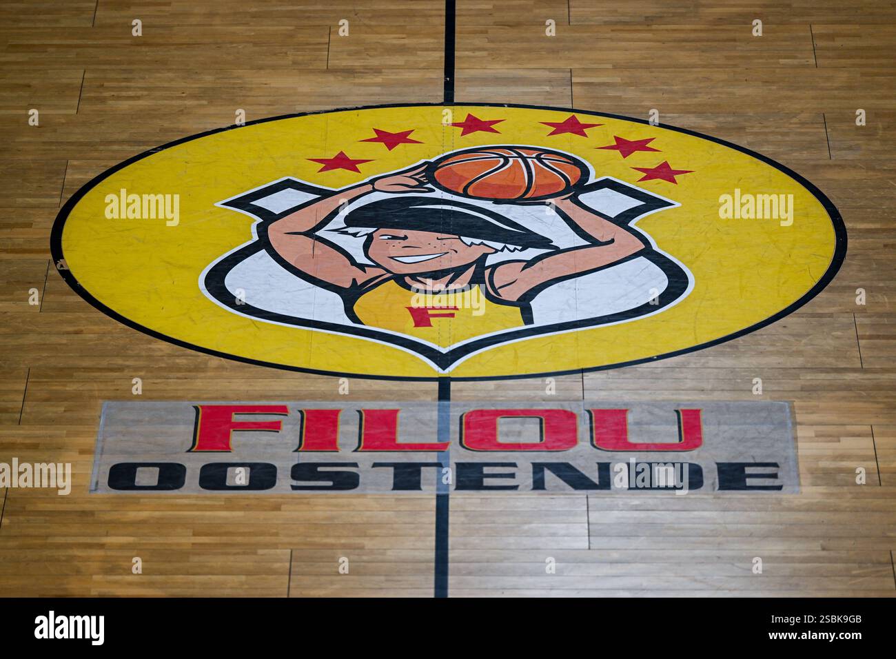 Logo emblem Filou Oostende on the carpet pictured before a basketball ...