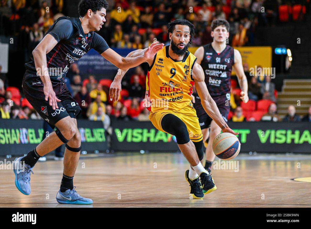 Davion Mintz (9) of Filou Oostende pictured during a basketball game ...