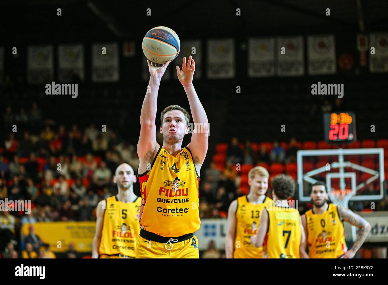 Simon Buysse (4) of Filou Oostende pictured during a basketball game ...