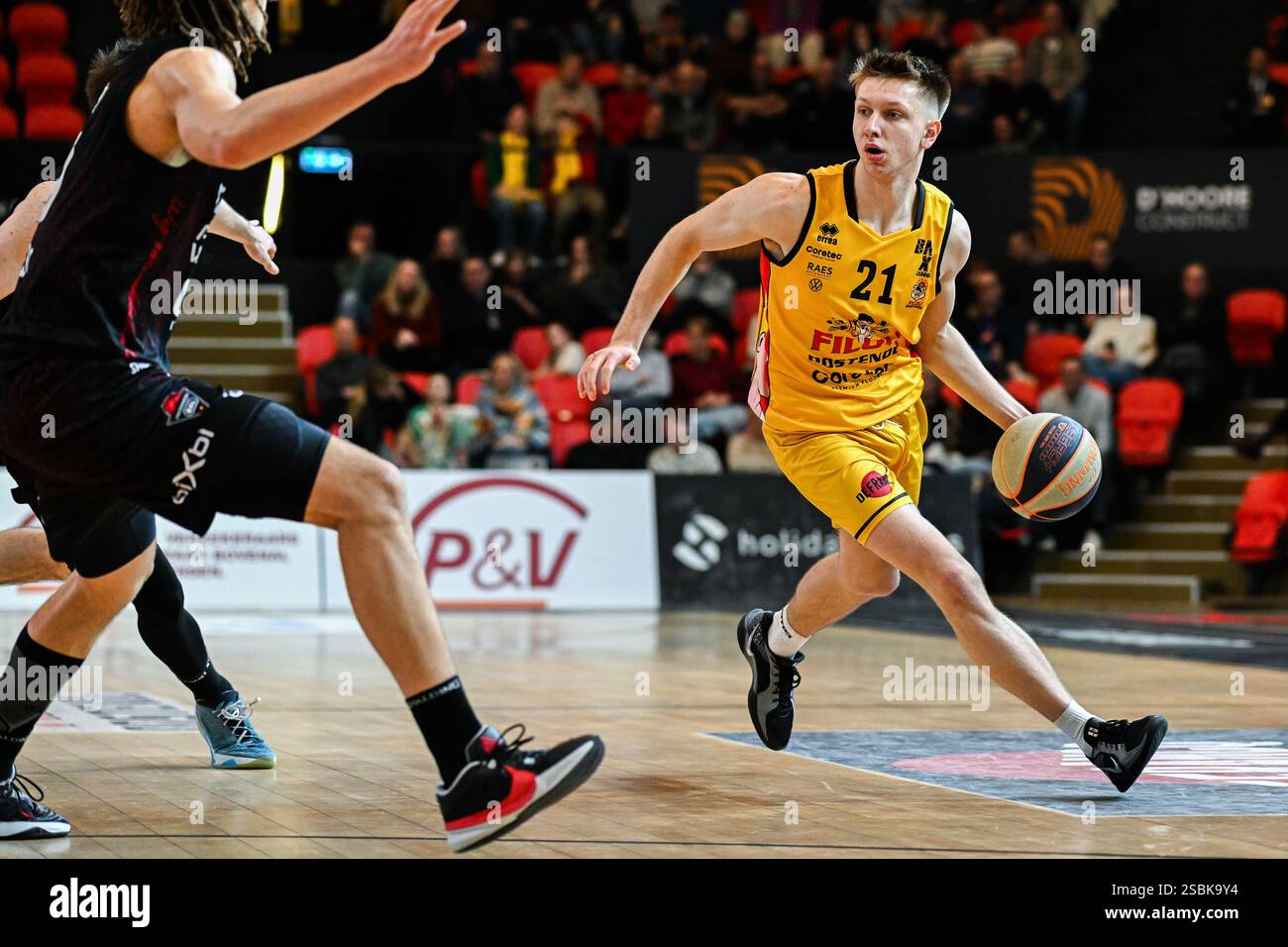 Noah Meeusen (21) of Filou Oostende pictured during a basketball game between Filou Oostende and ...