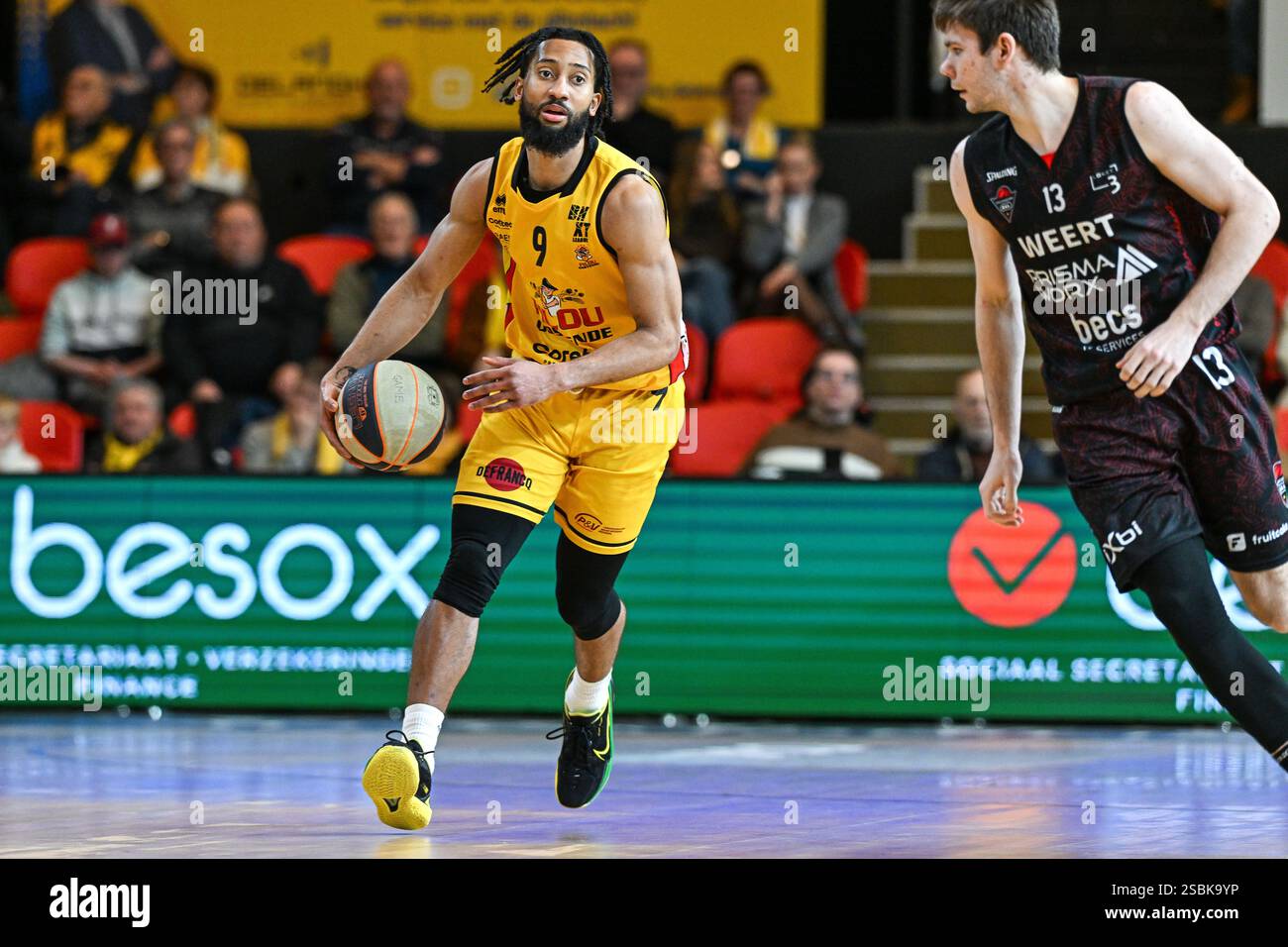 Davion Mintz (9) of Filou Oostende pictured during a basketball game ...