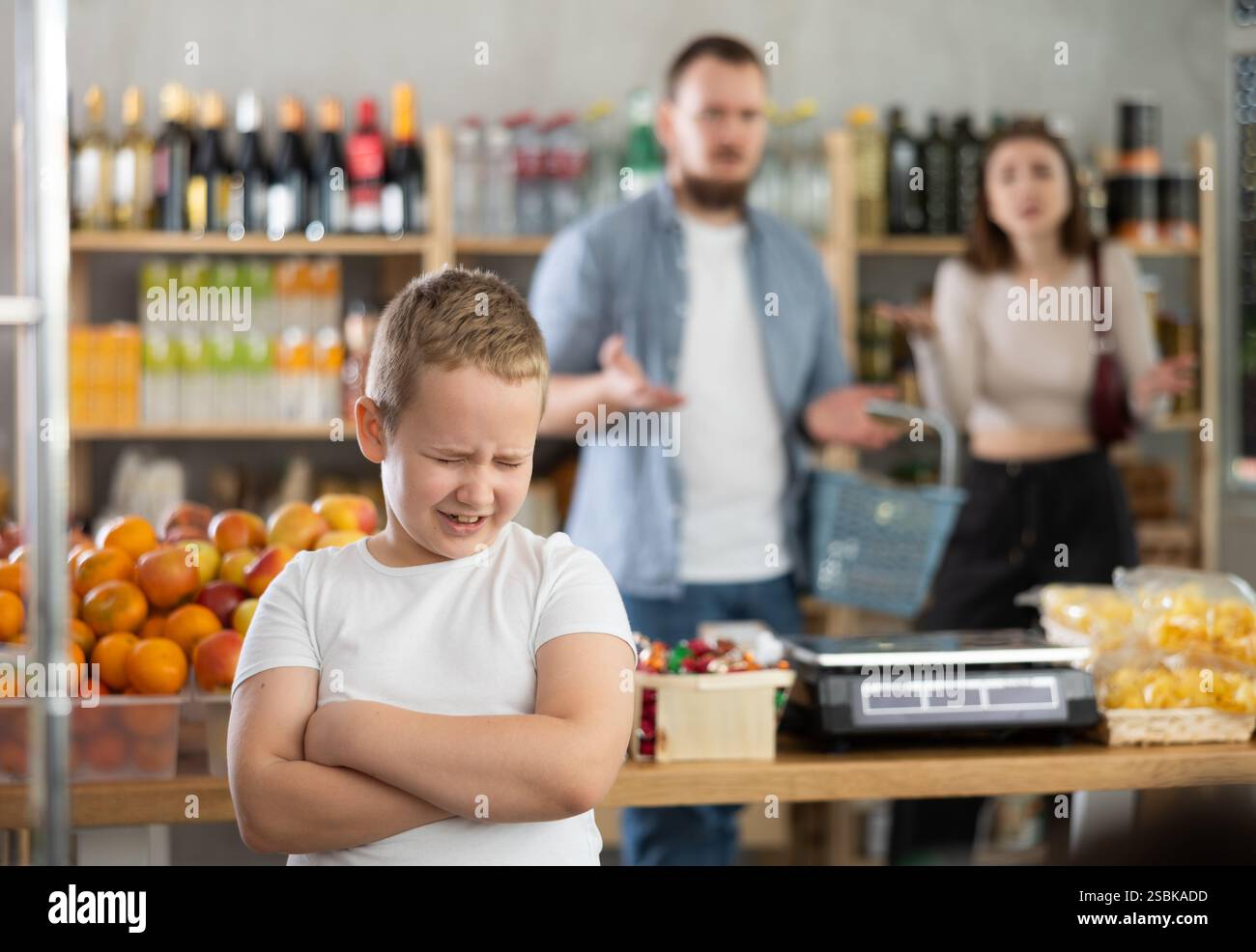 Capricious preteen boy screaming loudly in grocery store Stock Photo ...