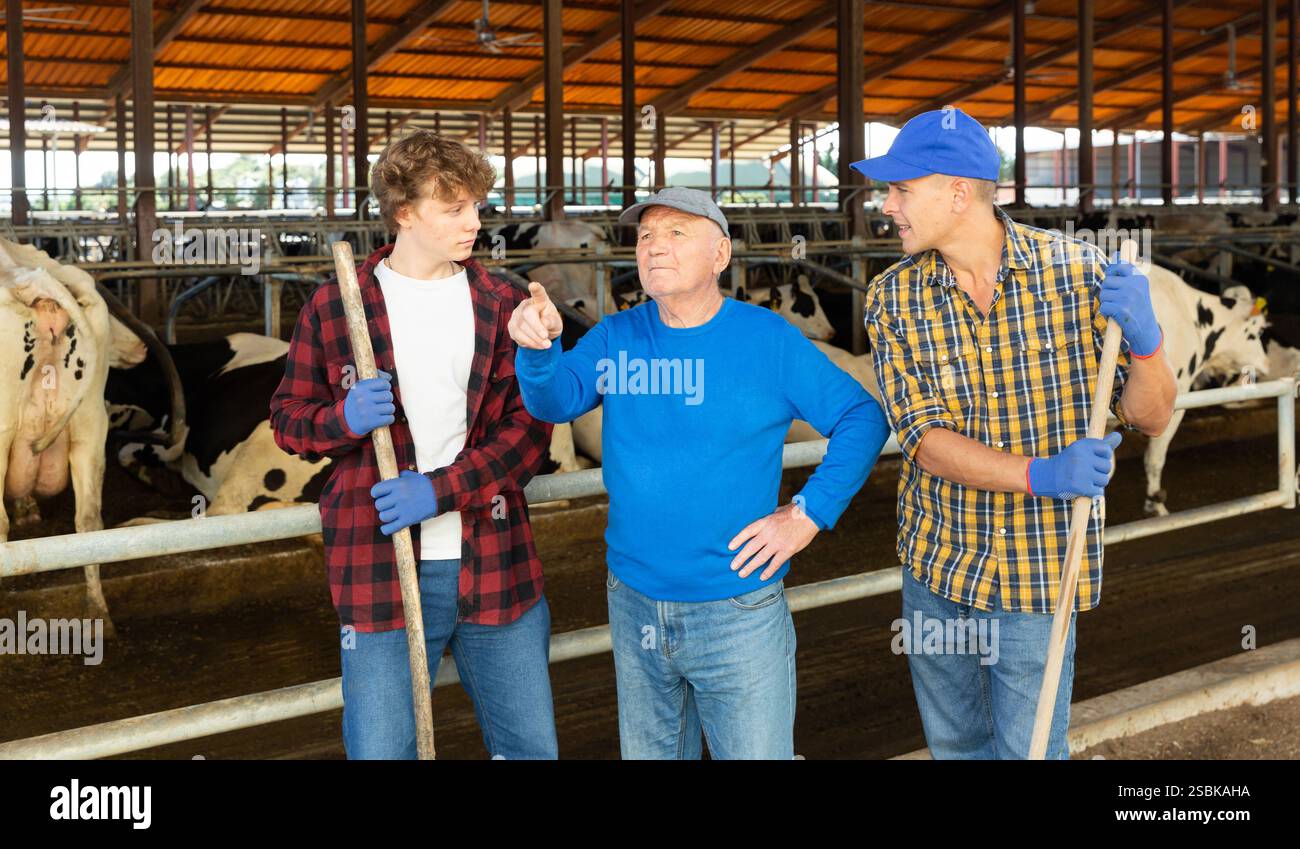 Farm owner talking with workers Stock Photo - Alamy