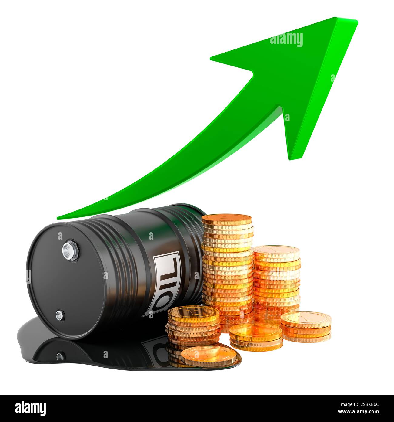 Oil barrel with growth green arrow and golden coins, 3D rendering ...