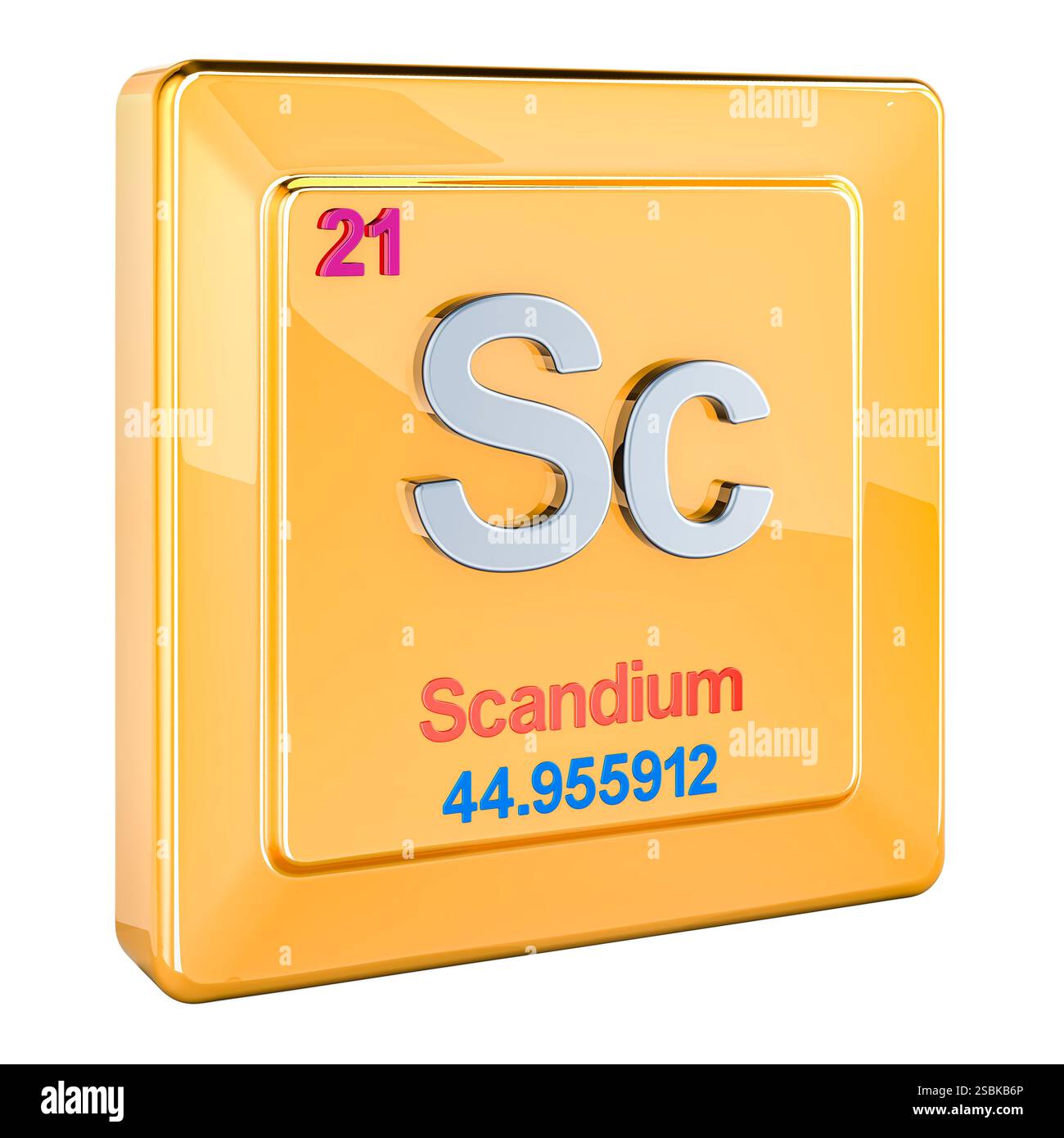 Scandium Sc, chemical element sign with number 21 in periodic table. 3D ...