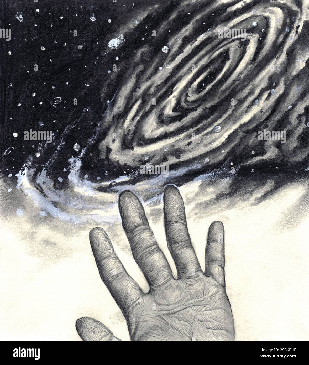 A black and white drawing grayscale illustration of a hand with the ...