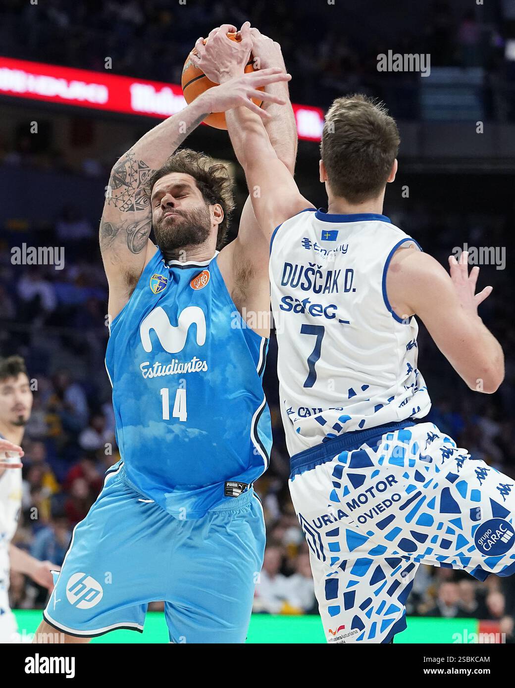 Madrid, Spain. 02nd Feb, 2025. Movistar Estudiantes' Cristian Diaz (l ...