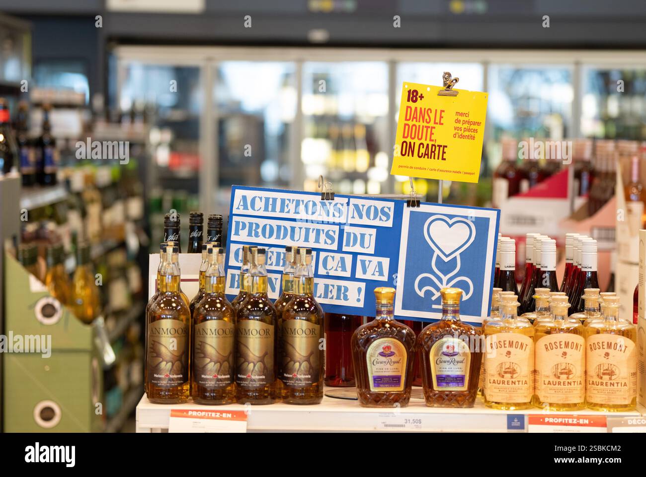 Montreal, Canada. 03rd Feb, 2025. A sign in a local Societe des alcools ...
