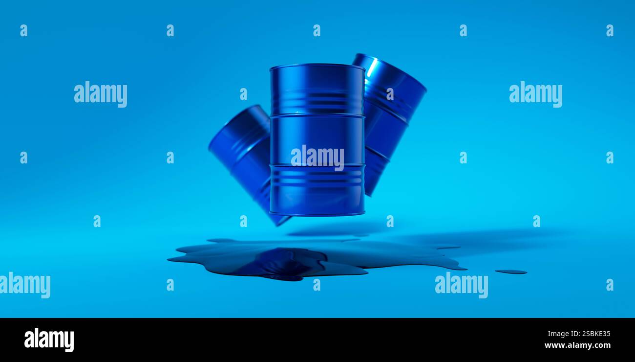 Three blue metal oil barrels fly over spilled puddle of crude oil on blue background. Black oil ...