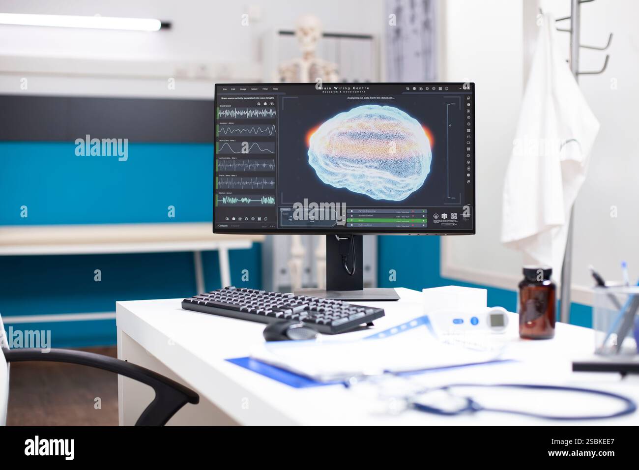 Clinic office with desktop pc displaying brain imaging and scans emphasizing on technology for ...