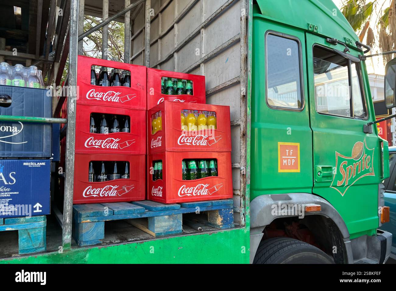 A Sprite-branded Delivery Lorry with plastic Coca-Cola crates ready to ...