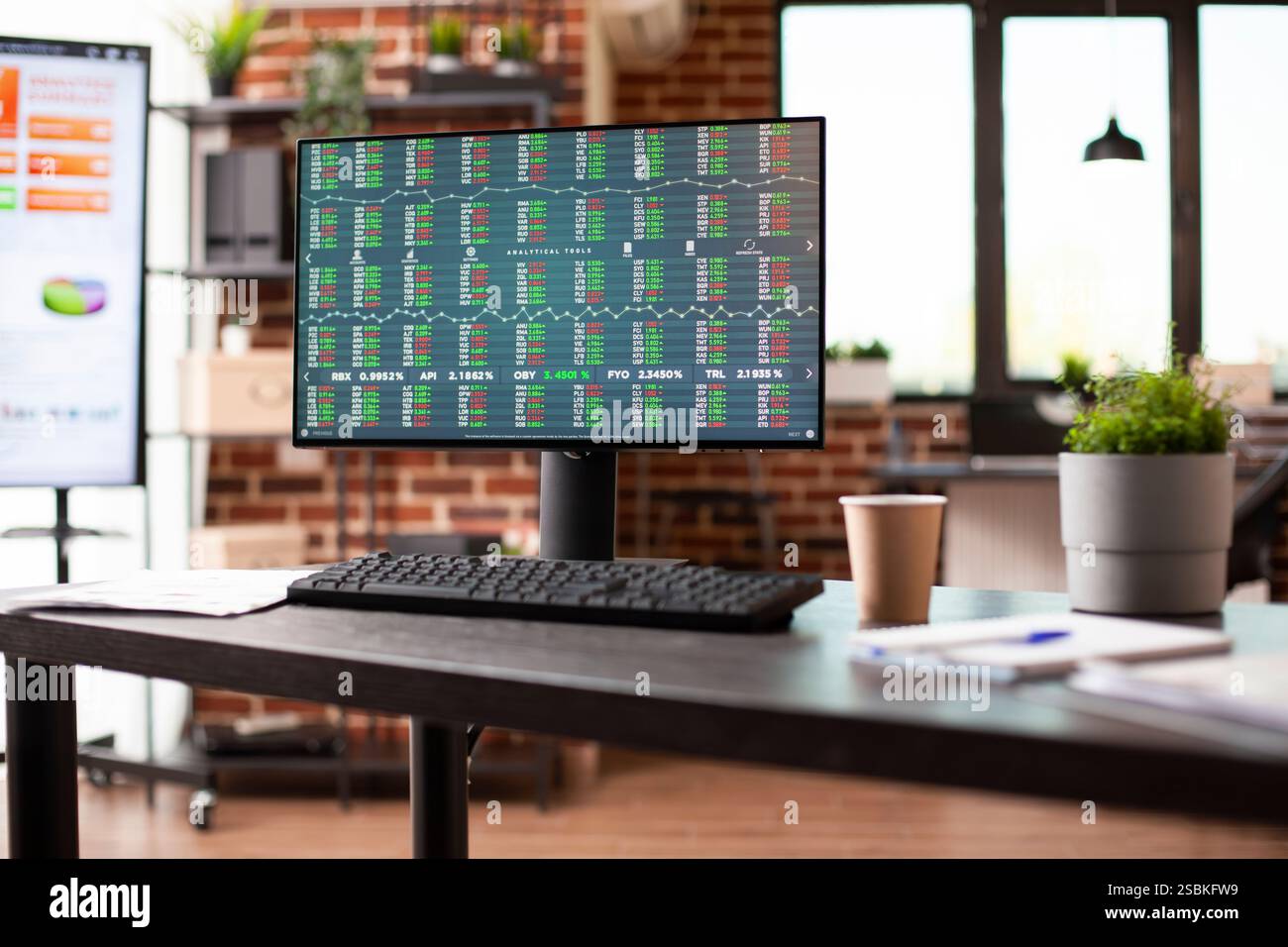 Vacant modern workspace with desktop pc displaying company statistics, financial graphs, and ...
