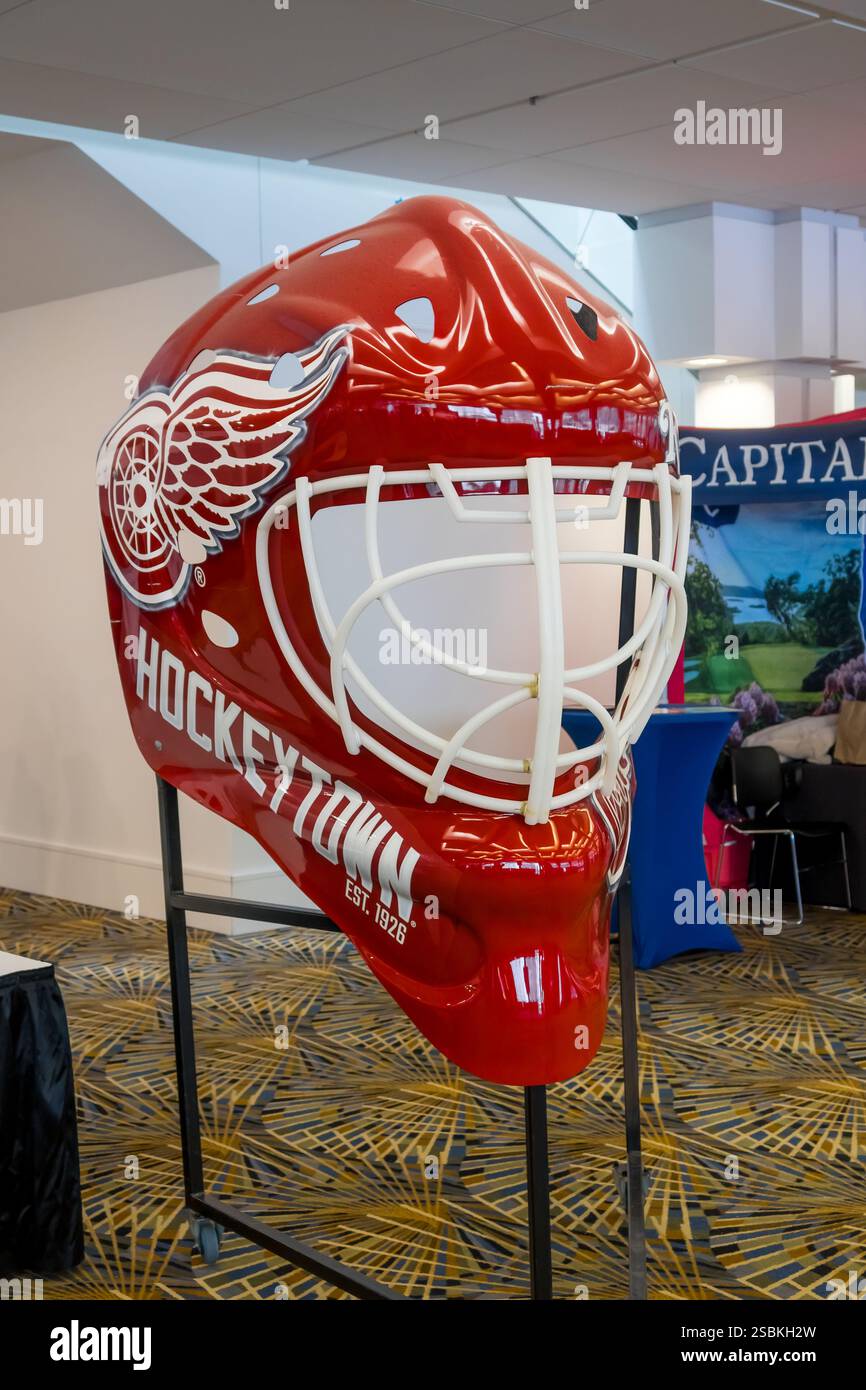 Detroit, Michigan, USA - January 16, 2025: A large helmet display with ...