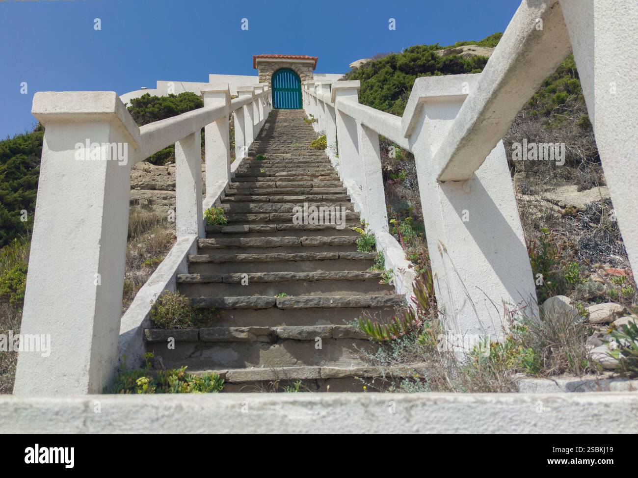 Very steep and long outdoors stairs. Mediterranean coastal architecture ...