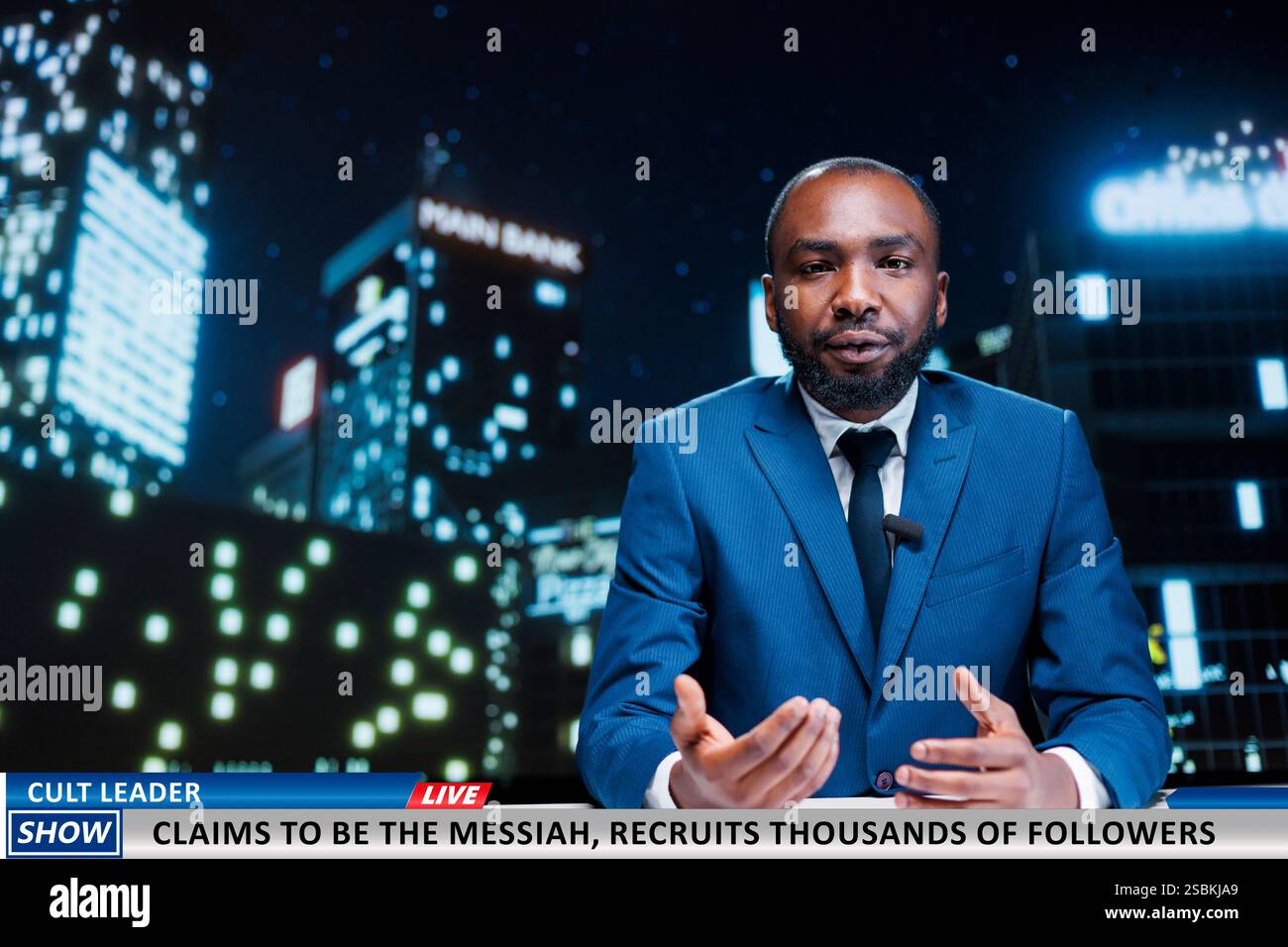 Journalist announcing cult leader issue on night show, talking about ...